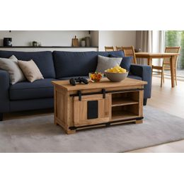 Couchtisch mit 2 Schiebetüren und 4 Fächern Akazie massiv 110 x 45 x 50 cm natur LIBRO