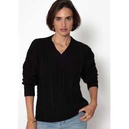 SASSYCLASSY Zopfstrickpullover mit V-Ausschnitt in Schwarz | Gr.: L