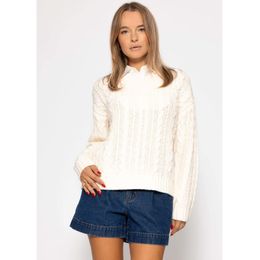 SASSYCLASSY Zopfstrickpullover mit V-Ausschnitt in Offwhite | Gr.: L