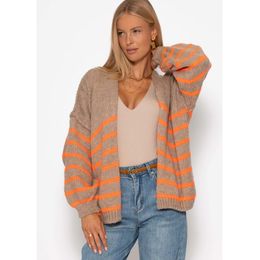 SASSYCLASSY Gestreifter Cardigan mit Außennähten in Beige | Gr.: M