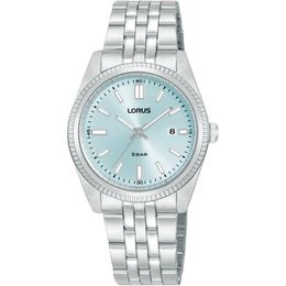 Lorus Quarzuhr Armbanduhr, Damenuhr, Datum, Edelstahlarmband silberfarben-hellblau Unkomplizierte Damenarmbanduhr