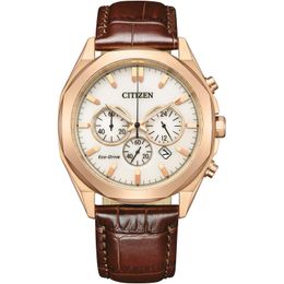 Citizen Chronograph Armbanduhr, Herrenuhr, Solar, Stoppfunktion, Lederarmband dunkelbraun-weiß Schlichter Chronograph für Ihn