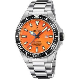 Festina Taucheruhr »Diver Collection« Armbanduhr, Quarzuhr, Herrenuhr, Edelstahlarmband, Datum, Saphirglas silberfarben-orange Moderne Taucheruhr...