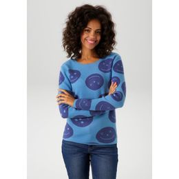 Aniston CASUAL Strickpullover mit eingestrickten Smileys türkis-blau 44 44 Pullover mit Rundhals-Ausschnitt
