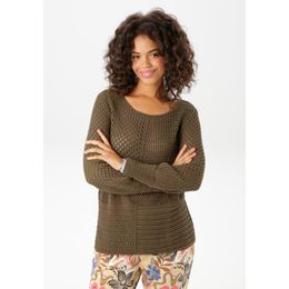 Aniston CASUAL Rundhalspullover mit trendig gemixten Ajour-Mustern khaki 38 38 Damenpullover aus weicher Naturfaser - Reine Baumwolle