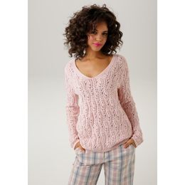 Aniston CASUAL Strickpullover mit trendigem Ajour-Muster rosé 46 46 Pullover mit abgerundetem V-Ausschnitt