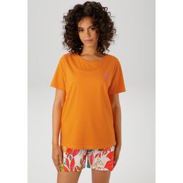 Aniston CASUAL T-Shirt mit gro&szlig;em Statement-Schriftzug im R&uuml;cken orange-pink 36/38 36/38 Shirt mit Rundhals-Ausschnitt und kurzen &Auml;rmeln