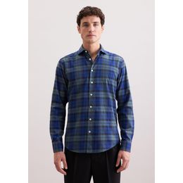 Flanellhemd Seidensticker, Herren, Gr. normale Ärmellängen, dunkelblau, 100% Baumwolle, kariert, regular fit, 2-Knopf-Manschette, Hemden, Regular 1/1 Kentkragen Karo