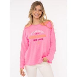 Zwillingsherz Sweater »"Strandglück 2014"« mit Used-Look Kanten und Stickerei Neon Pink SM (S/M) SM (S/M) Damensweatshirt von Zwillingsherz