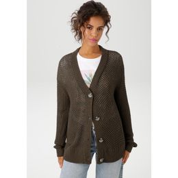 Aniston CASUAL Strickjacke mit trendigem Lochstrick-Muster khaki 34 34 Jacke aus super weicher Strick-Qualität