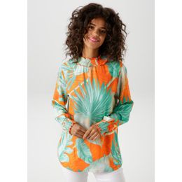 Aniston CASUAL Schlupfbluse mit gro&szlig;fl&auml;chigen Bl&auml;tterdruck im Batik-Dessin gr&uuml;n-hellgr&uuml;n-mint-orange-aprikot-gelb beige-sand 44 44 Bluse aus weich...