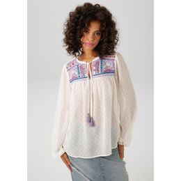 Aniston CASUAL Schlupfbluse mit aufw&auml;ndig bestickter Passe und Spiegelverzierung wollwei&szlig;-lavendel-petrol-fuchsia-hellorange-t&uuml;rkis-goldfarben 48...