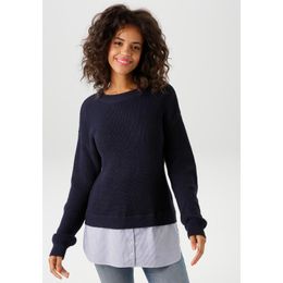 Aniston CASUAL Strickpullover mit gestreiftem Bluseneinsatz am Saum marine-weiß 48 48 Pullover mit Rundhals-Ausschnitt