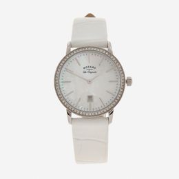 Silberfarbene Armbanduhr mit wei&szlig;em Lederband