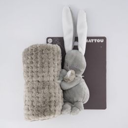 Nattou Graues Baby-Kuscheldecke mit Hasen-Kuscheltier
