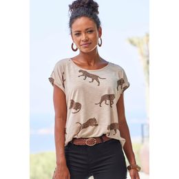 T-Shirt Lascana "mit Leoparden-Motiv", Damen, Gr. 32/34, bunt (leo, bedruckt), Obermaterial: 50% Polyester, 50% Viskose, animal-print, figurumspielend normal, Rundhals, Aufschlag, Shirts, aus weicher Viskose-Qualität