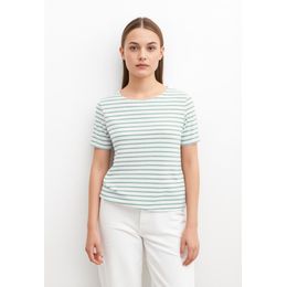 Véro Moda Rundhalsshirt VERO MODA "VMABBY SS ZIP TOP JRS NOOS", Damen, Gr. XS, weiß (snow weiß stripes:gray mist), Jersey, Obermaterial: 77% Polyester, 19% Viskose, 4% Elasthan, gestreift, hüftlang, Rundhals, Shirts, mit kurzem Reißverschluss im Rücken
