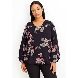 Blusenshirt Only CARMAKOMA "CARVICA LIFE L/S V-NECK TOP WVN NOOS", Damen, Gr. 44, schwarz (schwarz aop:noos autumn blooming), Web, Obermaterial: 97% Polyester, 3% Elasthan, bedruckt, regular fit hüftlang, V-Ausschnitt, elastischer Bund, Shirts, Topseller