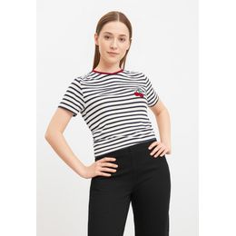 Kurzarmshirt Only "ONLHEART LIFE S/S TEE JRS NOOS", Damen, Gr. L, rot (cloud dancer stripes:night sky, rot cherry), Jersey, Obermaterial: 95% Viskose, 5% Elasthan, gestreift, regular fit normal, Rundhals, Shirts