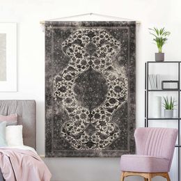 Wandteppich Vintage Blüten Teppich Schwarz