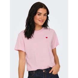 Jacqueline de Yong Kurzarmshirt JDY "JDYPISA S/S PRINT TOP JRS NOOS", Damen, Gr. M, rosa (parfait pink detail:bittersweet heart), Jersey, Obermaterial: 100% Baumwolle, bedruckt, regular fit normal, Rundhals, Shirts, mit Herz Stickerei