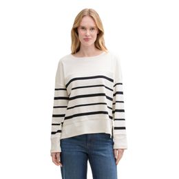Langarmshirt Tom Tailor, Damen, Gr. L (40), weiß (sanftes weiß blau irregular stripe), Obermaterial: 96% Baumwolle, 4% Elasthan, gestreift, regular fit taillenbedeckt, Rundhals, breiter Bund, Shirts, mit Streifenmuster