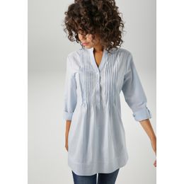 Longbluse Aniston CASUAL, Damen, Gr. 36, hellblau, Web, Obermaterial: 100% Baumwolle, unifarben, figurumspielend ca. Mitte Oberschenkel, Rundhals, 1-Knopf-Manschette krempelbar, Blusen, mit dekorativer Biesenverarbeitung