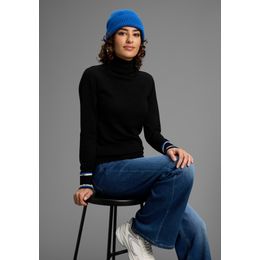 Rollkragenpullover AJC, Damen, Gr. 32/34, schwarz blau, Feinstrick, Obermaterial: 50% Baumwolle, 50% Polyacryl, unifarben mit Farbeinsätzen, Casual, figurbetont hüftbedeckend, hoch geschlossener Ausschnitt, Rippbündchen, Pullover, mit trendy Kontraststreifen