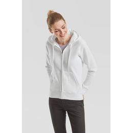Kapuzensweatshirt Fruit of the Loom "Lady-Fit Premium hooded Sweat Jacket", Damen, Gr. L, weiß, angeraute Sweatware, Obermaterial: 70% Baumwolle, 30% Polyester, figurbetont, eingesetzt angesetztes Bündchen, Sweatshirts