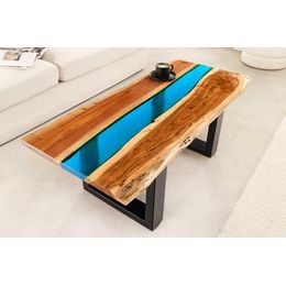 Riess Ambiente Massiver Couchtisch LIQUID 110cm braun Akazienholz Baumkante schwarz Eisen blau Riess-Ambiente Sofatisch Wohnzimmertisch rechteckig Industrie &...