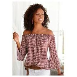 Carmenbluse Lascana, Damen, Gr. 44, bunt (sand, dunkelrot, bedruckt), Web, Obermaterial: 100% Viskose, bedruckt, modisch, figurumspielend hüftlang, Carmenausschnitt, 3/4-Ärmel Volant, Blusen, mit Punkteprint, Damenbluse, schulterfrei, casual, Topseller