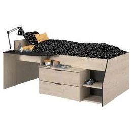 Hochbett Parisot "Milky", schwarz (eichefarben, schwarz), B:90cm H:135cm L:203cm, Beschläge aus Metall, Hochbetten, mit kleiner Arbeitsfläche und kleiner Kommode, extra Stauraum