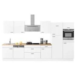 Küchenzeile Optifit "Elga", weiß (küche: weiß, korpus: weiß, arbeitsplatte: eichefarben hell), B:390cm T:60cm, Komplettküchen-Sets, Premium-Küche, Soft-Close-Funktion, großen Vollauszügen, Breite 390 cm