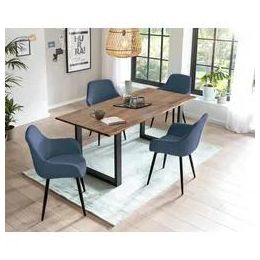 Essgruppe Salesfever "Stilvolle Essgruppe für Ihr Zuhause", blau (walnuss, dunkelblau, schwarz, dunkelblau, schwarz), Strukturstoff, Esstisch Nussbaum, Esszimmerstuhl dunkelblau,90, Massivholz, Metall, Polyester, Sitzmöbel-Sets, 5-teiliges Set, Tischplatte mit seidenmattem OSMO Hartwachs-Öl behande