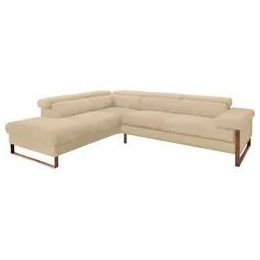 Ecksofa W.Schillig "finn, Designsofa mit tollem Sitzkomfort, bequem, L-Form", beige (sahara s37), B:281cm H:71cm T:230cm, Flachgewebe S22 (100% Polyester), Stoff S37 (100% Polyester), Longlife Xtra-Leder Z59: Glattleder mit modischer Prägung. Hautstärke 0, 9 - 1, 1 mm, Sofas, German Design Award 2016, Fußgestell Nussbaum natur, Breite 281 cm