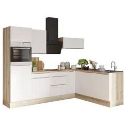 Winkelküche KOCHSTATION "KS-Aken", weiß (küche: weiß, korpus: wildeichefarben, arbeitsplatte: eiche struktur), B:270cm H:212cm T:60cm, Komplettküchen-Sets, L-Küche, wahlweise mit E-Geräten und Stellvariante Spüle links oder rechts