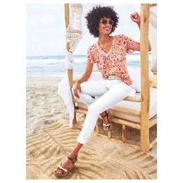 Schlupfbluse Heine, Damen, Gr. 42, bunt (papaya, marine, bedruckt), 100% Viskose, bedruckt, gemustert, mehrfarbig, V-Ausschnitt, Blusen