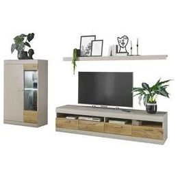 Wohnwand Inosign "SCARA", grau (kieselgrau), B:300cm H:170cm T:45cm, Kastenmöbel-Sets, trendige Farbe mit Applikation Zinneiche Dekor, mit Softclose-Funktion