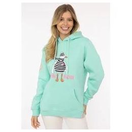 Hoodie ZwillingSHERZ ""Moin Moin Möwe"", Damen, Gr. SM (S/M), grün (mint), Sweatware, Obermaterial: 50% Baumwolle, 50% Polyester, unifarben mit Farbeinsatz, comfort fit hüftlang, V-Ausschnitt, Sweatshirts, mit nordischem Gruß und lustiger Möwe
