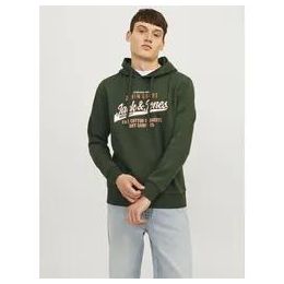 Jack & Jones Kapuzensweatshirt JACK & JONES "JJELOGO SWEAT HOOD 2 COL 24/25 NOOS", Herren, Gr. XXL, grün (kombu grün), angeraute Sweatware, Obermaterial: 70% Baumwolle, 30% Polyester, bedruckt, modisch, regular fit taillenbedeckt, ohne Ausschnitt, Langarm Rippbündchen, Sweatshirts, mit Logo Print