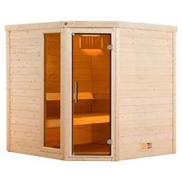 Sauna Weka "Massivholzsauna TURKU 1", beige (natur), Bio-Ofen, externe Steuerung, 7,5 kW, Saunen, Blockbohlen, Fensterelement, moderne Ganzglastür