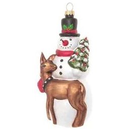Christbaumschmuck KREBS GLAS LAUSCHA "Schneemann mit Reh & Baum", weiß, B:8cm H:17,5cm T:8,5cm, Glas, Weihnachtsbaumschmuck, Christbaumschmuck aus Glas, mundgeblasen, handgefertigt, Schneemann