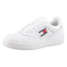 Plateausneaker Tommy Jeans "TJW RETRO BASKET", Damen, Gr. 39, weiß, Leder, Lederimitat, unifarben, Schuhe, Freizeitschuh, Halbschuh, Schnürer mit seitlicher Logoflagge