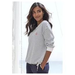H.I.S. Sweatshirt H.I.S, Damen, Gr. 48/50, blau (marine, sanftes weiß), Sweatware, Obermaterial: 60% Baumwolle, 40% Polyester, gestreift, Casual, bequem hüftlang, Rundhals, Rippbündchen, Sweatshirts, mit Kordelzug am Saum, Loungewear