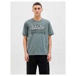 Jack & Jones Rundhalsshirt JACK & JONES "JJELOGO TEE SS O-NECK 2 COL AW25 SN", Herren, Gr. M, grau (stormy weather), Jersey, Obermaterial: 100% Baumwolle, bedruckt, regular fit normal, Rundhals, Shirts