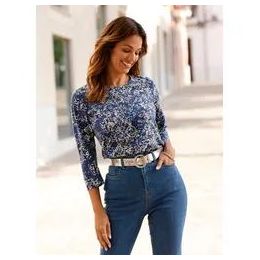 Print-Shirt Inspirationen "Rundhals-Shirt", Damen, Gr. 42, blau (marine, beige, bedruckt), 50% Baumwolle, 50% Modal, gemustert, mehrfarbig, bedruckt, gepunktet, Rundhals, 3/4-Ärmel, Shirts