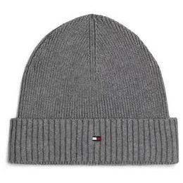 Strickmütze Tommy Hilfiger "TH FLAG PIMA COTTON BEANIE", Damen, grau (mid grau heather), Baumwollmischung, Mützen, Beanie mit Logostickerei, mit Kaschmiranteil Unisex