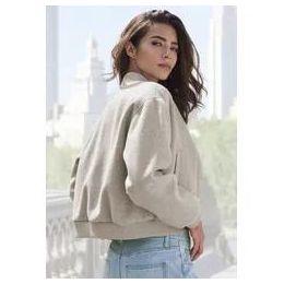 Bomberjacke Lascana, Damen, Gr. 42, sand meliert, Flanell, Obermaterial: 90% Polyester, 10% Viskose. Futter: 100% Polyester, unifarben, figurumspielend normal, Rundhals, angesetztes Bündchen, Jacken, mit Rippbündchen, Pilotenjacke mit Druckknöpfen und Taschen