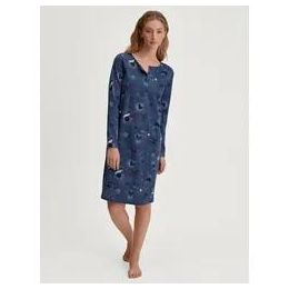 Nachthemd Calida "Flower Nights", Damen, Gr. XL (52/54), N-Gr, blau (cobalt blau), Single Jersey, Obermaterial: 100% Baumwolle, casual, Basic knielang, Rundhals, Langarm, Kleider, Knopfleiste, Rundhals-Ausschnitt, Langarm, Pure Cotton