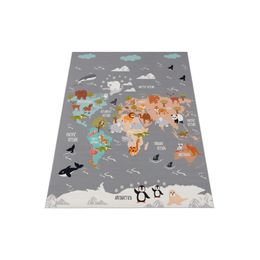 KADIMA DESIGN Kinderteppich waschmaschinenwaschbar Tier‐Weltkarten‐Muster in Grau | Gr.: 120 x 160 cm